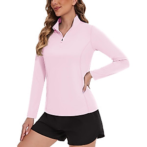 TACVASEN Women's Rash Guard Shirts Pink Workout Tops Long Sleeve Quarter Zip Pullover Womens UPF 50+ Golf Shirts, L
