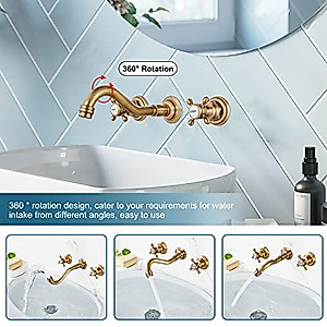 Antique Brass Bathroom Widespread Sink Faucet Wall Mount 3 Holes 2 Cross Knobs Brass Lavatory Basin Mixer Tap Mixing Spout Double Handles Commercial