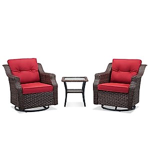 Outdoor Swivel Rocker Chair Set of 2, All Weather Wicker Glider Rocker Set, PE Rattan Swivel Rocking Chair with Side Table for Yard Balcony Deck Porch (Red, 3PC-Swivel Gliders & Side Table)