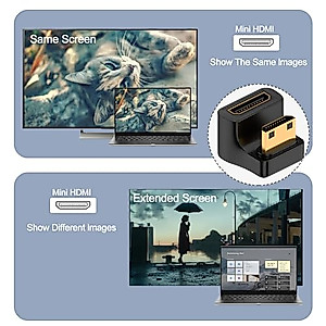 QIANRENON 8K Mini HDMI U Shape Angle Adapter UHD2.1 Mini HDMI Male to Mini HDMI Female 180 Degree Down HD Display Connector, LED Light, for DSLR Portable Camcorder Tablet PC, (Positive)