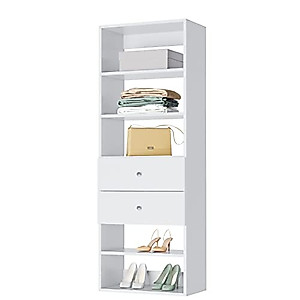 Closet Shelves Tower - Modular Closet System with Drawers (2) - Corner Closet System - Closet Organizers and Storage Shelves (White, 19.5 inches Wide) Closet Shelving