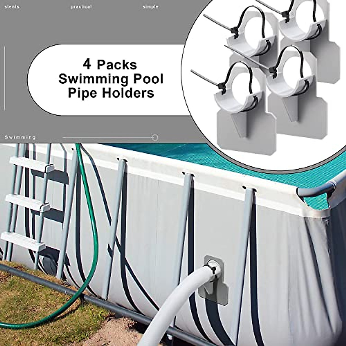 [4PCS]Swimming Pool Pipe Holders,Above Ground Swimming Pool Hose Support Brackets,Stainless Steel Hose Clamps for Anti Puncture,Be used for Anti Tear Preventing Pipes Sagging Accessory—grey