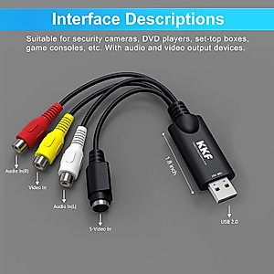Kkf RCA AV to USB Video Capture Card Converter, Convert Analog VHS VCR to Digital Adapter, USB 2.0 Audio Transfer Grabber, Digitize Video DSLR DVD PS3 PS4 Camera for Windows 7 8 10 PC Mac OS (AV)