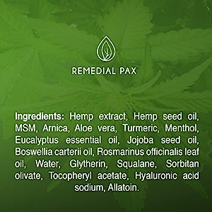 REMEDIAL PAX Instant Hеmp Cream – Soothes Discomfort in Muscles Joints Nerves Back Neck Knees Shoulders Hips – Maximum Joint Support – MSM Turmeric and Arnica – All-Natural Formula - Made in USA