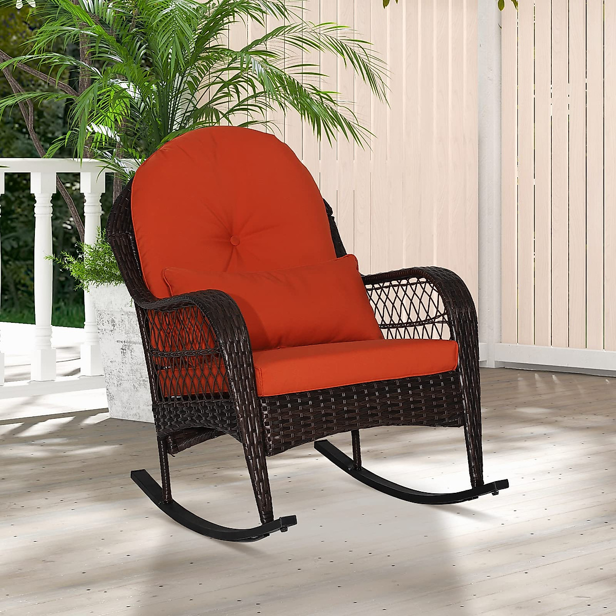 Tangkula Outdoor Wicker Rocking Chair, Patio Rattan Rocker with Seat Back Cushions & Waist Pillow, Sturdy Metal Frame, Mix Brown Outdoor Rocker for Balcony, Porch, Backyard (1, Orange)