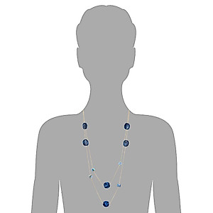 COOLSTEELANDBEYOND Elegant Gold Statement Necklace Two-Strand Long Chain with Blue Cube Crystal Beads and Circle Charms