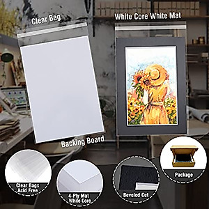 Acid Free 25 Pack 11x14 Pre-Cut Mat Board Show Kit for 8x10 Photos, Prints or Artworks, 25 Core Bevel Cut Matts and 25 Backing Boards and 25 Crystal Plastic Bags, Black