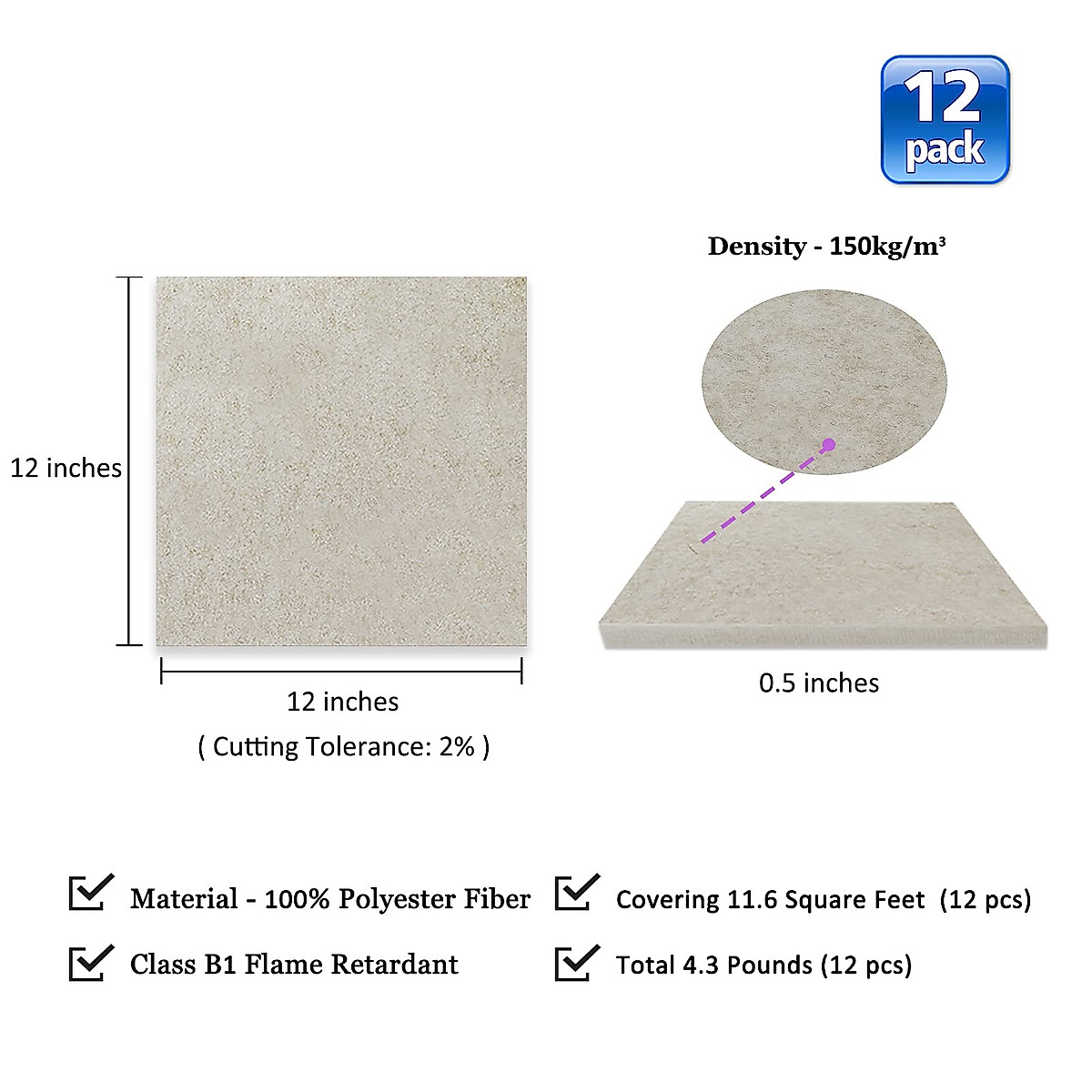 BXI Thickened Sound Absorbing Panels - 12 Pack 12 X 12 X 0.5 Inches Dense Acoustic Panels, Echo Noise Reducing Sound Panels, Tackable Studio Panels for Wall and Ceiling Acoustic Treatment