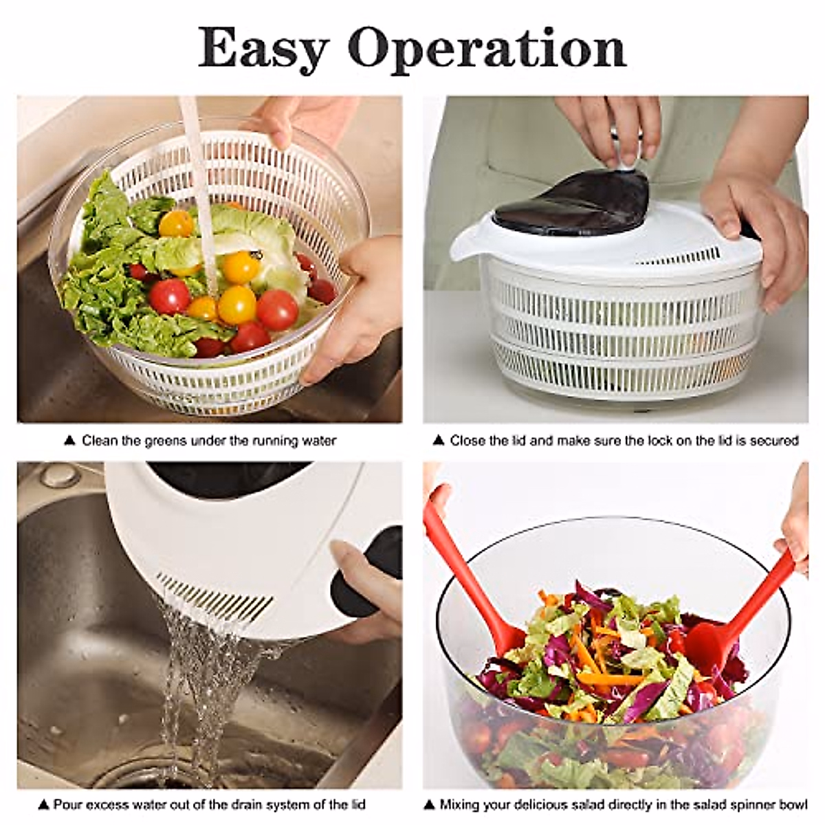 Ourokhome Salad Spinner Lettuce Dryer, Rotary Veggie Washer with Compact Bowl and Colander, Easy to Clean, Wash, Dry Vegetables, Fruits, Lettuce, Greens, Lockable Lid, 4L, White