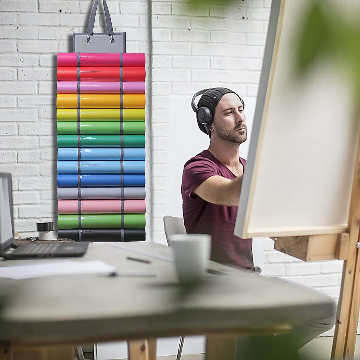 IRASPIN Vinyl Roll Holder, Vinyl Roll Storage Rack Wall Mount/Over The Door with14 Compartments,Safely Store Rolls up to 2.8 Inches in Diameter (2 Pack,Gray)