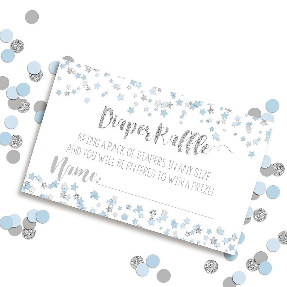 Amanda Creation Blue & Silver Twinkle Little Star Diaper Raffle Tickets for Boy Baby Showers, 20 2" X 3” Double Sided Inserts, Bring a Pack of Diapers to Win Favors & Prizes!