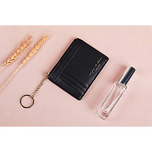 Prometheism Women Slim Leather Card Case Holder Small Wallet Cute Coin Purse Girl Mini Wallet with Keychain (Black)