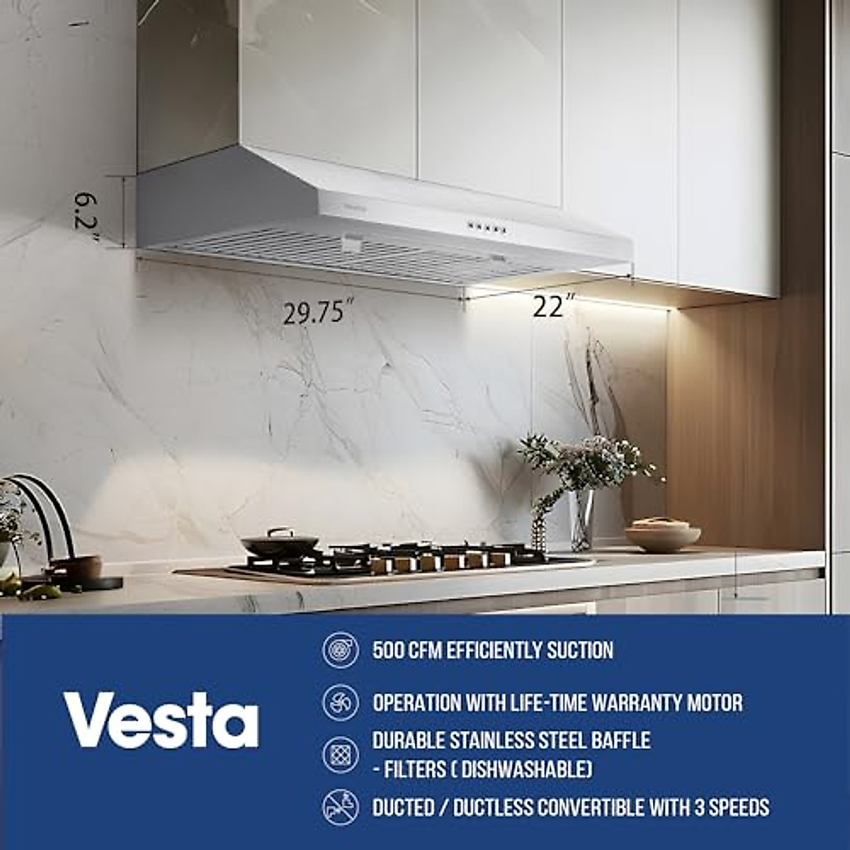 Vesta Charlotte 500cfm Under Cabinet Range Hood With 3 Levels Of Speed, Mechanical Buttons Control, Dishwasher Friendly Baffle Filters, Flexible Vent Connectors, Long LED Stripe