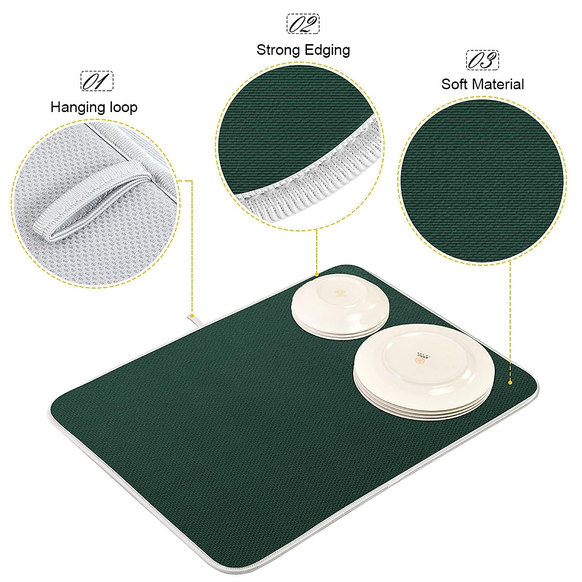 Qilmy Hunter Green Dish Drying Mats Tableware Absorption Water Mat Home Decor Drying Pad for Kitchen Countertop, 18 X 24 Inch