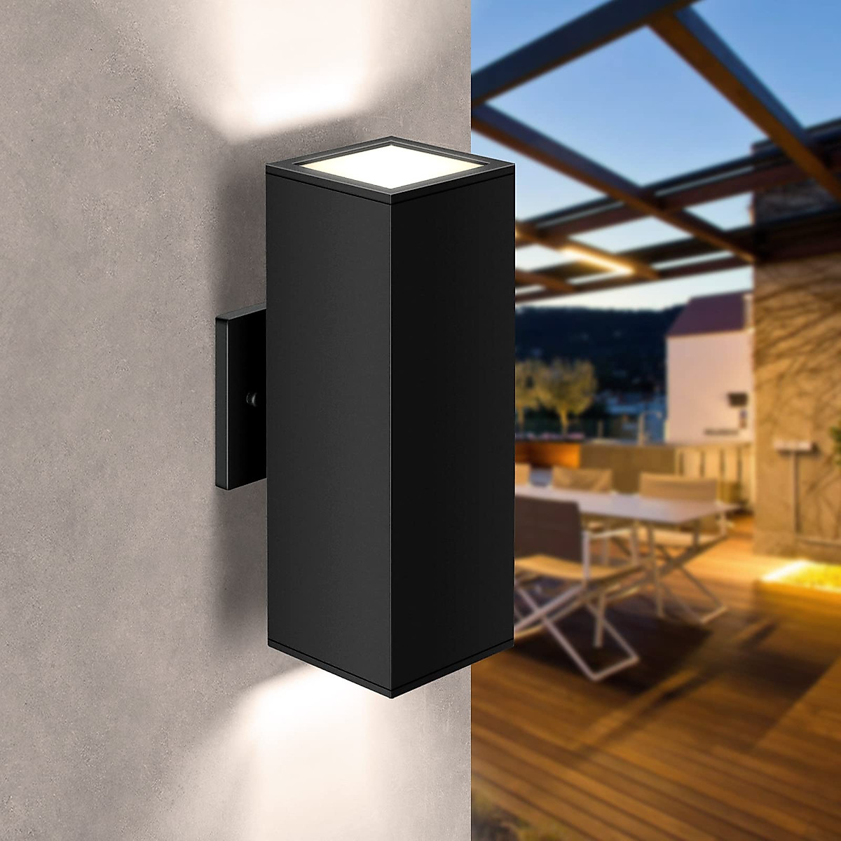 Tesjaso Dusk to Dawn Sensor Outdoor Wall Light Fixtures, LED Square Up and Down Lights, Modern Exterior Patio Lighting Sconce Aluminum IP65 Waterproof Lamp Dual Head NO Bulbs Wall Lantern