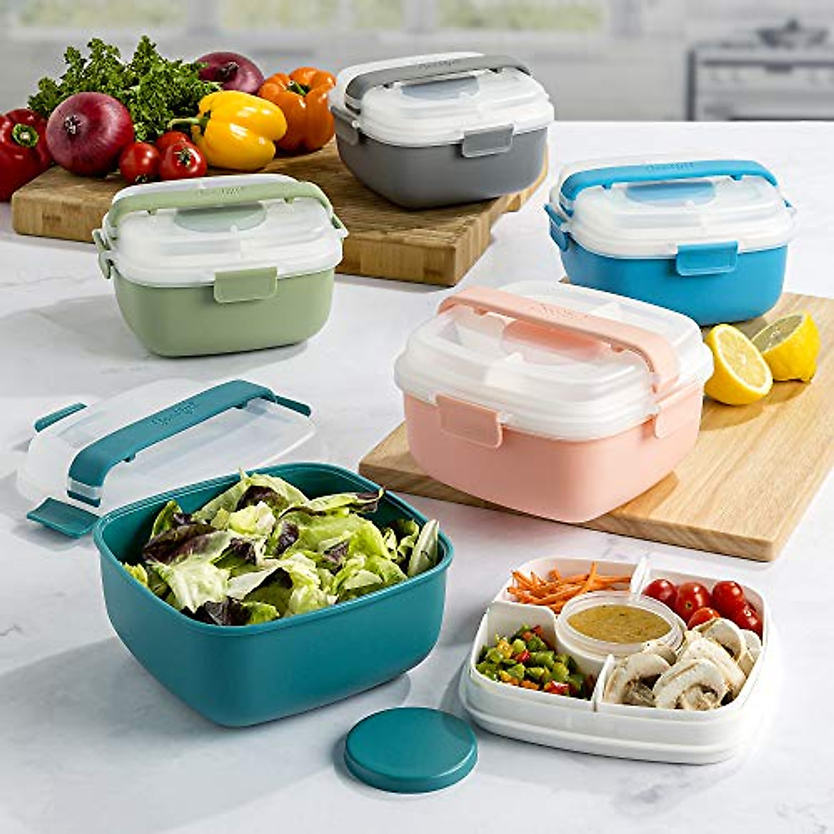 Goodful Stackable Lunch Box Container, Bento Style Food Storage with Removeable Compartments for Sandwich, Snacks, Toppings & Dressing, Leak-Proof and Made without BPA, 56-Ounce, Teal