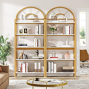 Tribesigns White and Gold Arched Bookshelf 5 Tier Bookcase, Gold Shelves for Living Room Freestanding Tall Display Shelf, Decorative Shelf for Bedroom