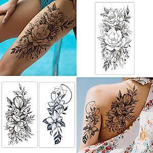 Cerlaza Temporary Tattoos for Women, Fake Flower Tattoos Stickers for Adults, Semi Permanent Half Sleeve Tattoo Body Leg Makeup Waterproof, Flower 3D Butterflies Tatuajes Temporales-12 Sheets