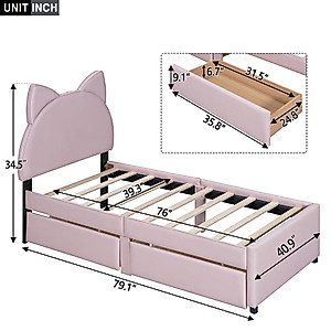 i-POOK Twin Bed Frame for Children, Upholstered Platform Bed with Cat Ears Shaped Headboard and 2 Drawers, Twin Size Storage Bed for Boys and Girls, Pink