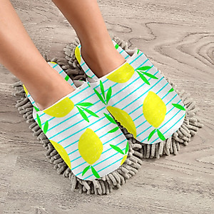 FLildon Microfiber Cleaning Slippers Lemon Stripe Washable Mop Shoes Slipper for Men/Women House Floor Dust Cleaner, Size L