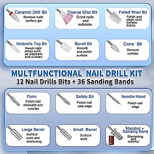 Golgner Cordless Nail Drill Machine, Electric Nail Drill Machine, Portable Electric Nail File Machine, 20000RPM with 12PCS Nail Drill Bits&36Pcs Sanding Bands, for Acrylic Gel Nails, Manicure Pedicure