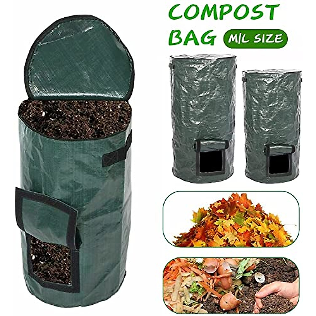 Garden Compost Bag, Outdoor Compost, Reusable Garden Waste Bag with Lid, Collapsible Leaf Lawn Bags (2 Pack 15 Gallon/34 Gallon Multifunction Gardening Container) Green
