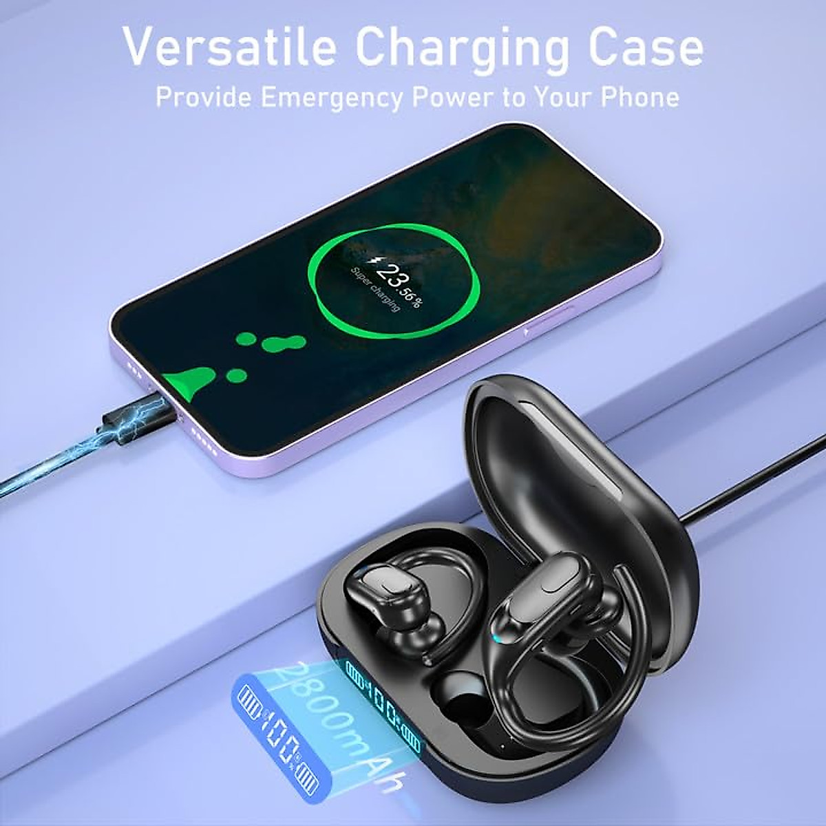Falebare Headphones Wireless Bluetooth Earbuds 150Hrs Playtime with 2800 mAh LED Display Charging Case Over-Ear Buds with IPX7 Waterproof Earhooks Headset for Sports Running Workout Gym Black