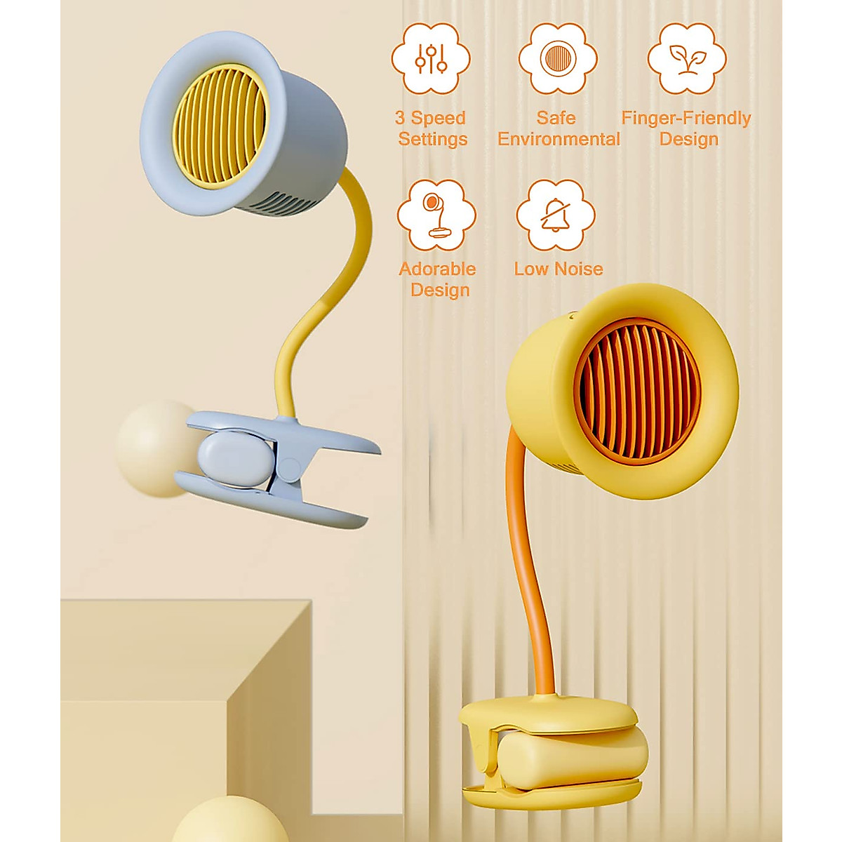 Snowpea Battery Operated Stroller Fan, Silicone Material, Bladeless, Finger-Friendly, 3 Speeds, Portable Mini Fan Clip-on Fan with Flexible Pod for Desk, Car Seat, Crib, Stroller, Camping - Blue