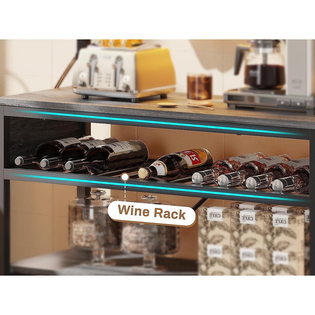 Itaar Bakers Rack with Power Outlet, 6-Tier Coffee Bar, Microwave Stand with Wine Rack, LED Lights and 10 Hooks, Bakers Racks for Kitchens with Storage, Grey