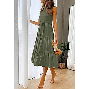 ZESICA Women's Summer Casual Sleeveless Crew Neck Smocked High Waist Flowy Tiered A Line Midi Dress,ArmyGreen,Medium