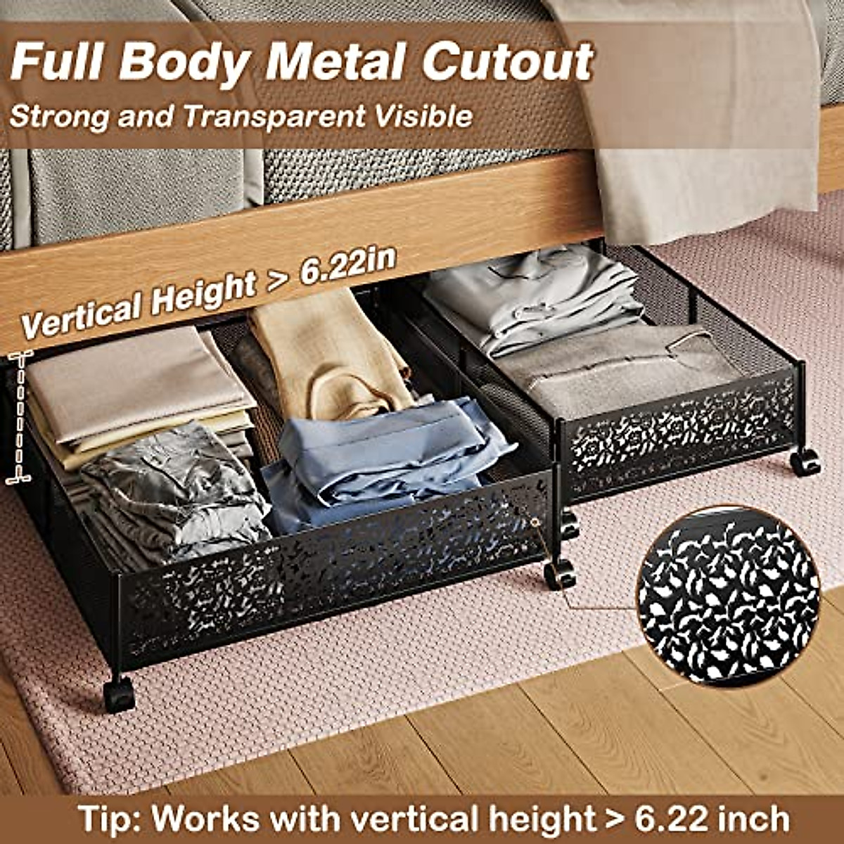 Yoz&Papa Under Bed Storage Containers, Under Bed Storage With Wheels, Tool-free Assembly Metal Underbed Storage Containers With Dustproof Storage Bag For Clothes, Shoe Organizer Under Bed Drawer (Black(1 Pack))