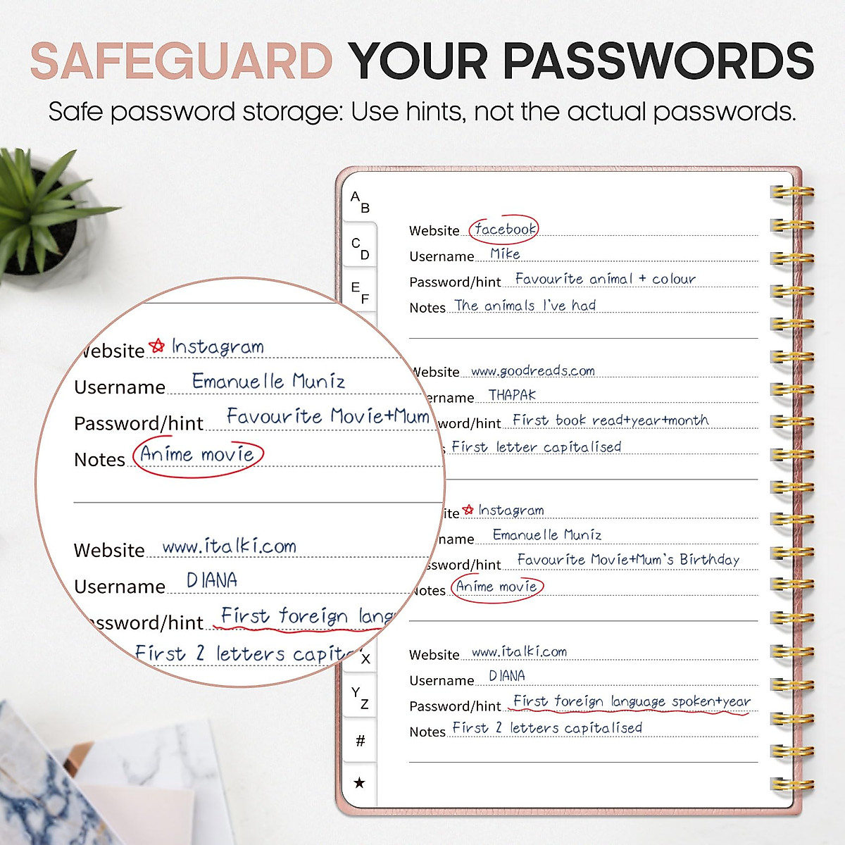 Password Book with Alphabetical Tabs, 5.5" x 6.7" Spiral Password Book, Small Password Books for Seniors, Password Keeper Book to Help You Stay Organized - Rose Gold