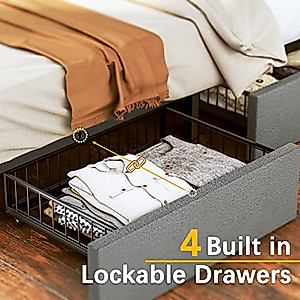 Fluest Queen Bed Frame with Headboard Storage Drawers of 4 Upholstered Bed Frame Platform Adjustable Headboard Wooden Slats Support/No Box Spring Needed/Easy Assembly/Mattress Foundation, Dark Grey