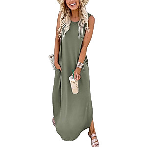 ANRABESS Women Casual Loose Sundress Sleeveless Split Maxi Long Beach Shirt Dress Travel Vacation 2025 Summer Outfits Olive Large