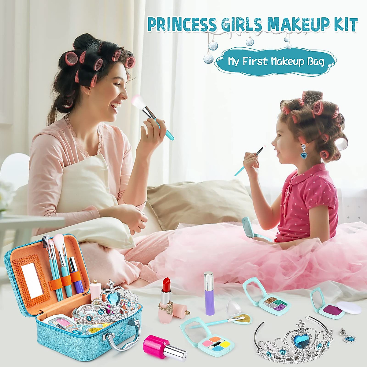 KIDCHEER Kids Makeup Kit for Girls Pretend Play Make up Gift Princess Toys for Kids with Storage Bag,Blue