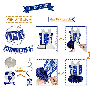 PRE-STRUNG 18th Birthday Decorations, Happy 18th Birthday Banner Sign Hanging Swirls Honeycomb Centerpieces Set for Boy Men Blue, 18 Year Old Birthday Party Backdrop Decor Supplies, PHXEY