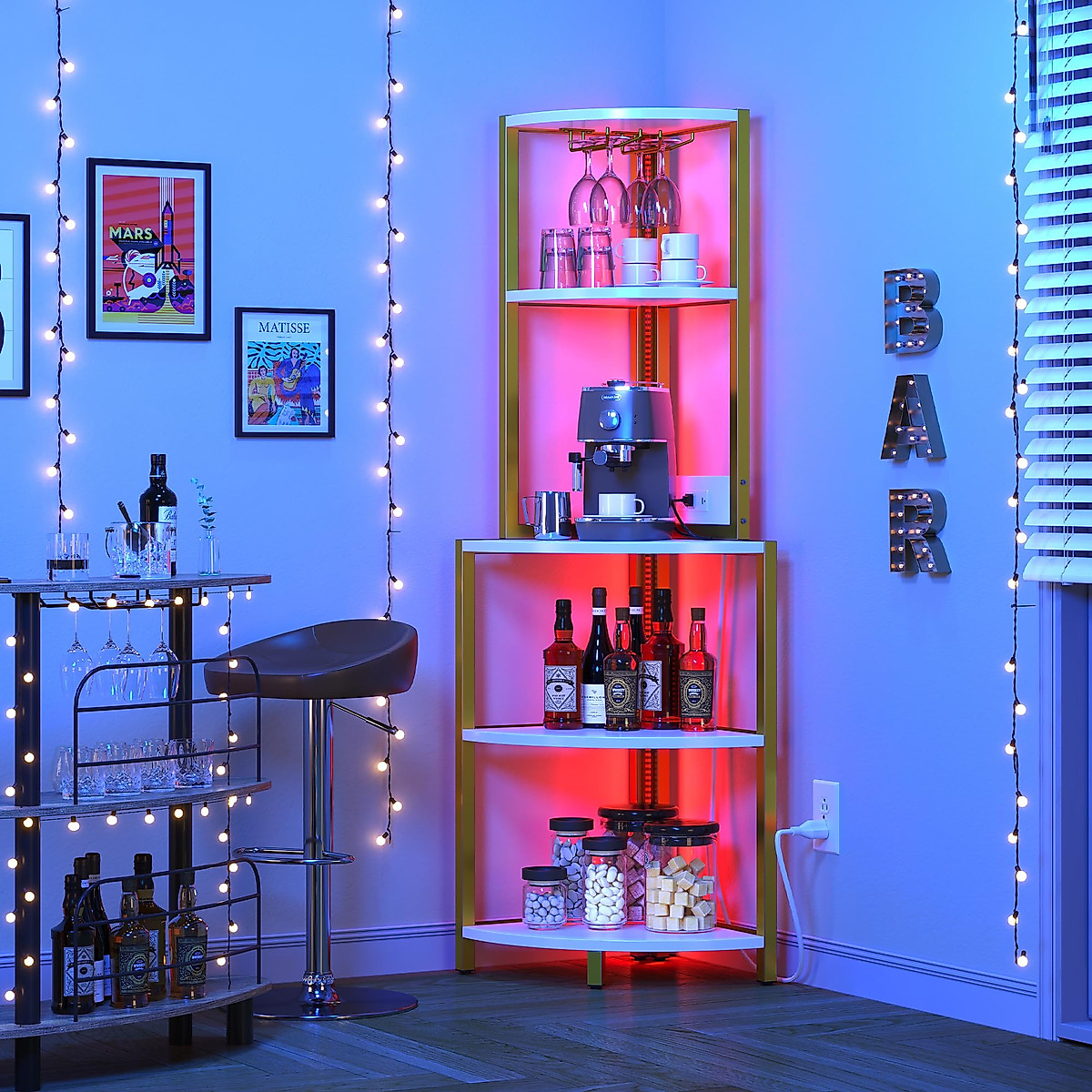 YITAHOME Corner Shelf with Power Outlets & LED Lights & Glass Holder, 5 Tier Corner Bar Rack, Corner Storage Cabinet Display Shelves for Living Room, Dining Room, Kitchen, Gold