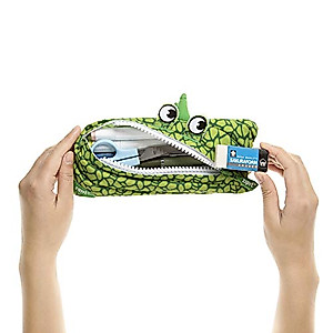 ZIPIT Dinosaur Pencil Case for Boys, Holds Up to 30 Pens, Machine Washable, Made of One Long Zipper! (Dino Green)