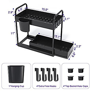 Flufymooz 2 Pack Under Sink Organizer, 2-Tier Sliding Storage Under Cabinet Kitchen Bathroom Drawer Organizer with Hooks Dividers Hanging Cups Handles Black Stable and Rust-Proof Under Sink Storage