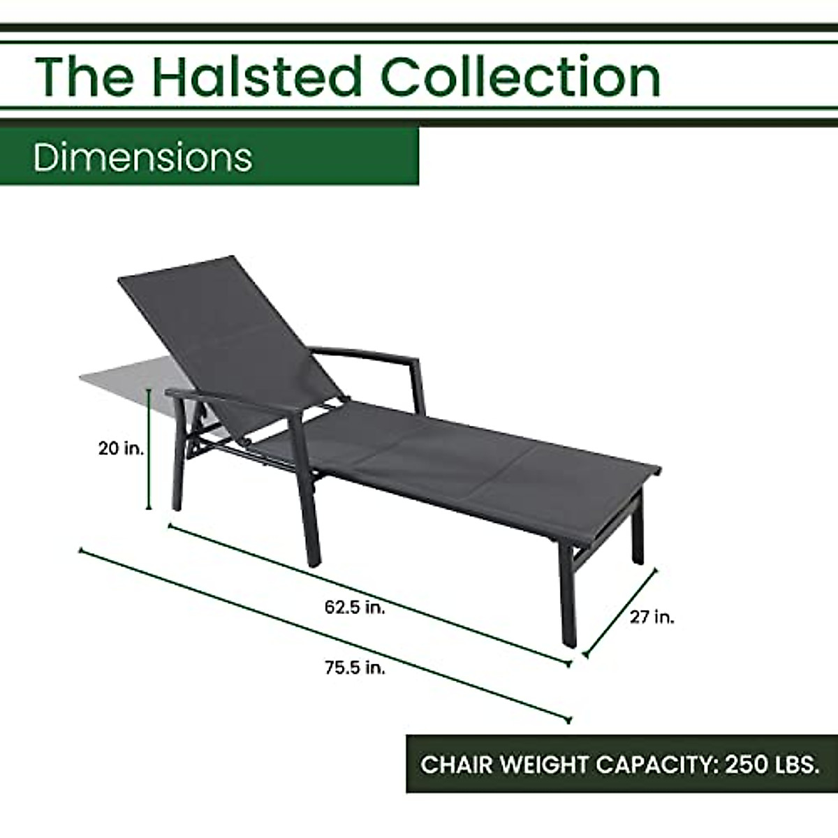 Hanover Halsted Padded Sling Chaise Lounge Chair Modern Luxury Outdoor Furniture for Patio, Backyard, Poolside Rust-Proof Aluminum Frame Weather-Resistant HALSTEDCHS-AL, Black