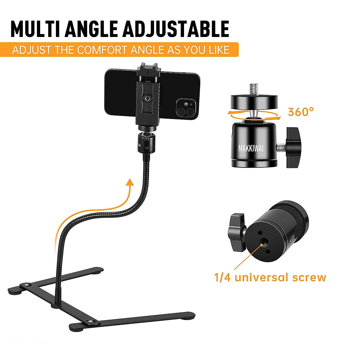 MAKKIWAI Phone Stand for Recording, Phone Tripod Adjustable and Solid, Overhead Phone Mount, Fixable Gooseneck Phone Holder for Video Recording, Online Teaching, Cookie Decorating, Live Streaming