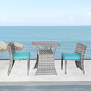 yoyomax, Turquoise 3 Pieces Furniture Clearance, PE Rattan Wicker Storage Shelf, Patio Sofa Chairs with Tempered Glass Table, Ideal for Garden-Porch, 3PCS-Bistro Set