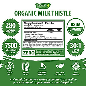 Organic Discounters Milk Thistle Capsules, 280 Count, 7500 mg Strength, Potent 30:1 Extract, USDA Certified Organic, Rich in Silymarin Flavonoids, Vegan, Non-GMO and All-Natural