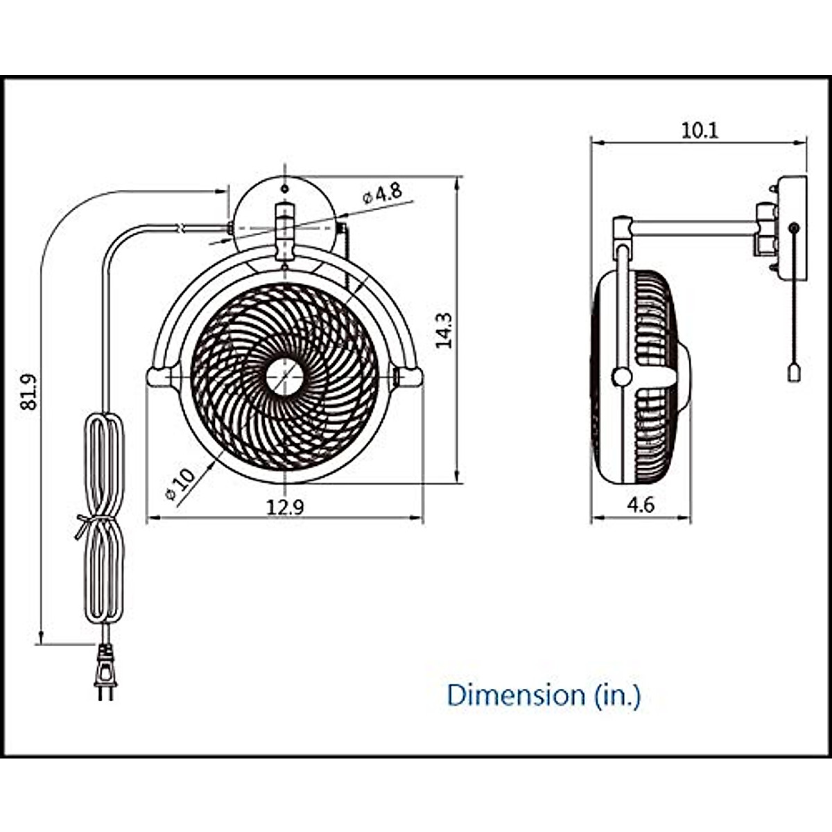 VIVI- 8 in. Wall Mount Swivel Fan with Folding Arm (Walnut)