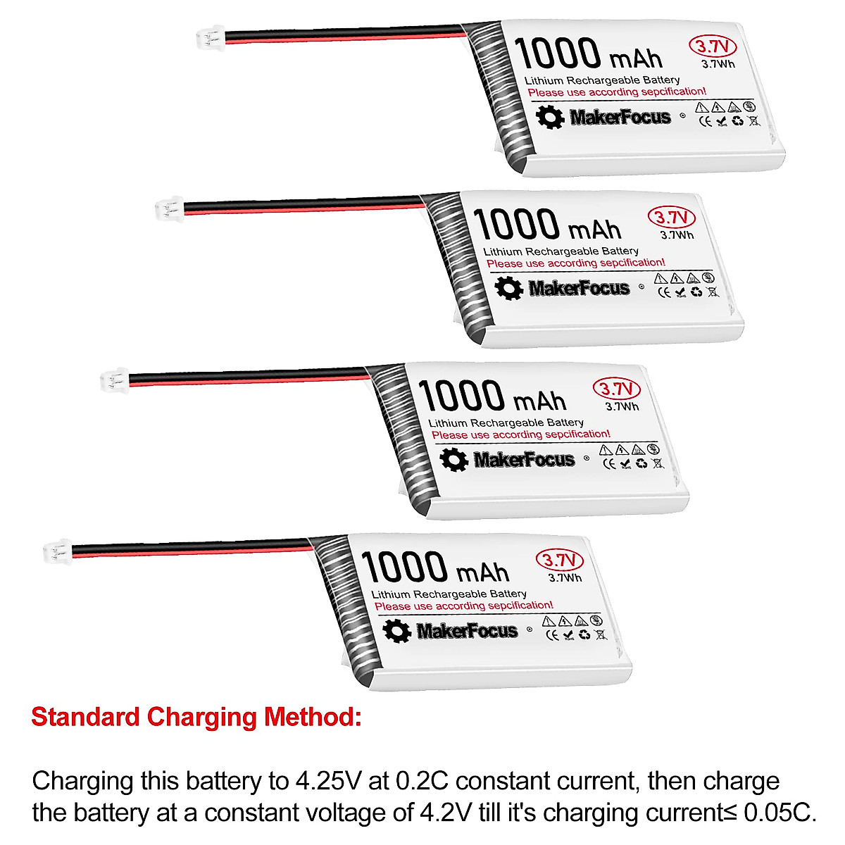 MakerFocus 4pcs 3.7V Lithium Rechargeable Battery JST1.25 Connector 2pin, 952540 3.7V 1000mAh Battery with Protection Board and Insulated Rubber Tape Compatible with ESP32 Development Board