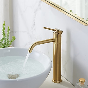 Hotis Gold Vessel Sink Faucet, 360 Swivel Brushed Gold Vessel Faucet, Single Handle Tall Body Farmhouse Vessel Faucet, Bathroom Faucets for Sink 1 Holewith Pop Up Drain