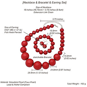 BA UNIQUE FASHION Women's Chunky Large Simulated Pearl Statement Necklace, Bracelet, Earring Set (Barn Red)
