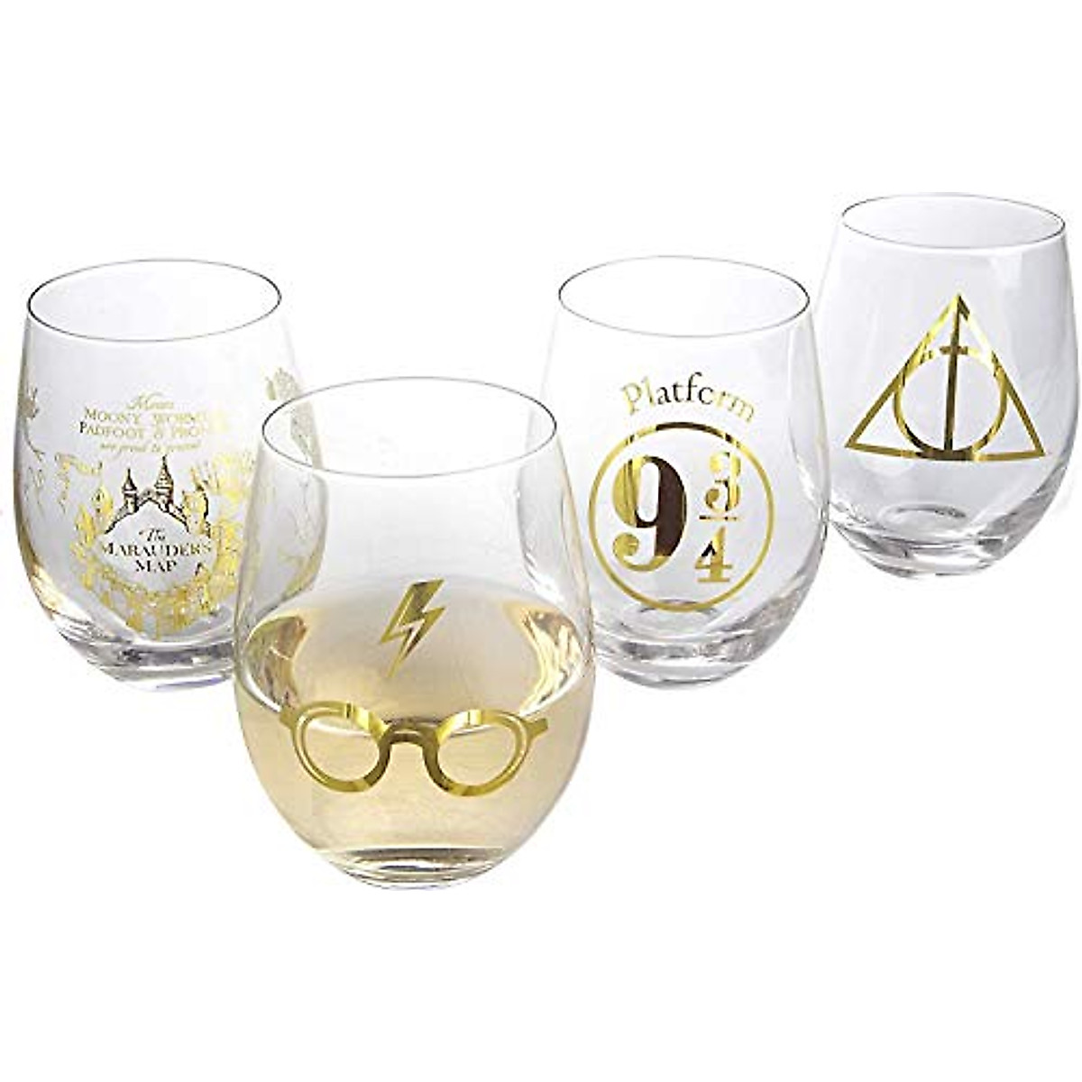 Harry Potter Stemless Wine Glasses, Set of 4 - Gold Harry Potter Symbols and Designs - Glass - 17 oz