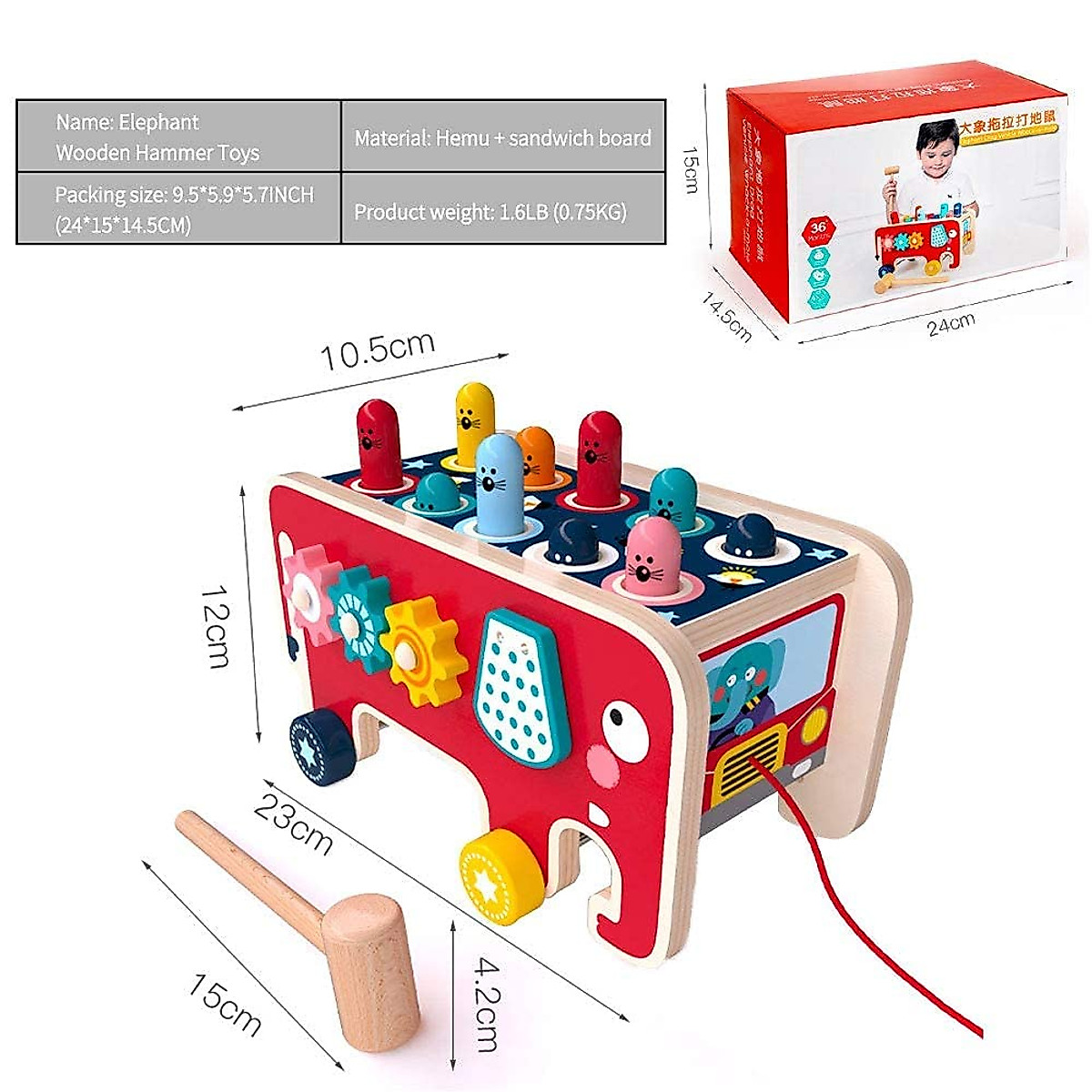 NUKied Wooden Hammering and Pounding Toys, Wooden Toys for 1 Year Old with 2 Mallets Pull Along Elephant Gopher Toy, Montessori Toys for 1 2 3 Year Old Toddler Boys Girls Birthday