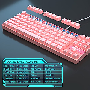 MageGee Mechanical Gaming Keyboard with Blue Switch, Compact 87 Keys Wired Computer Keyboard for Windows Laptop PC Gamer, LED White Backlit, Pink